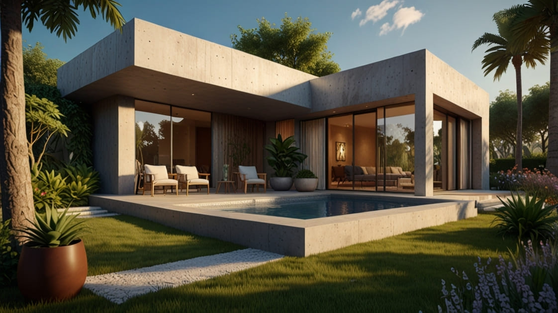 Planos de casa moderna 10x20 con alberca, un piso, 2 recámaras